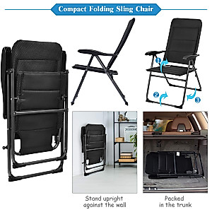 Giantex Set of 2 Patio Chairs, Folding Chairs with Adjustable Backrest, Outdoor Sling Chairs for Bistro, Deck, Backyard, Armchair with Padded Seat, 300 lbs Capacity (2, Black)