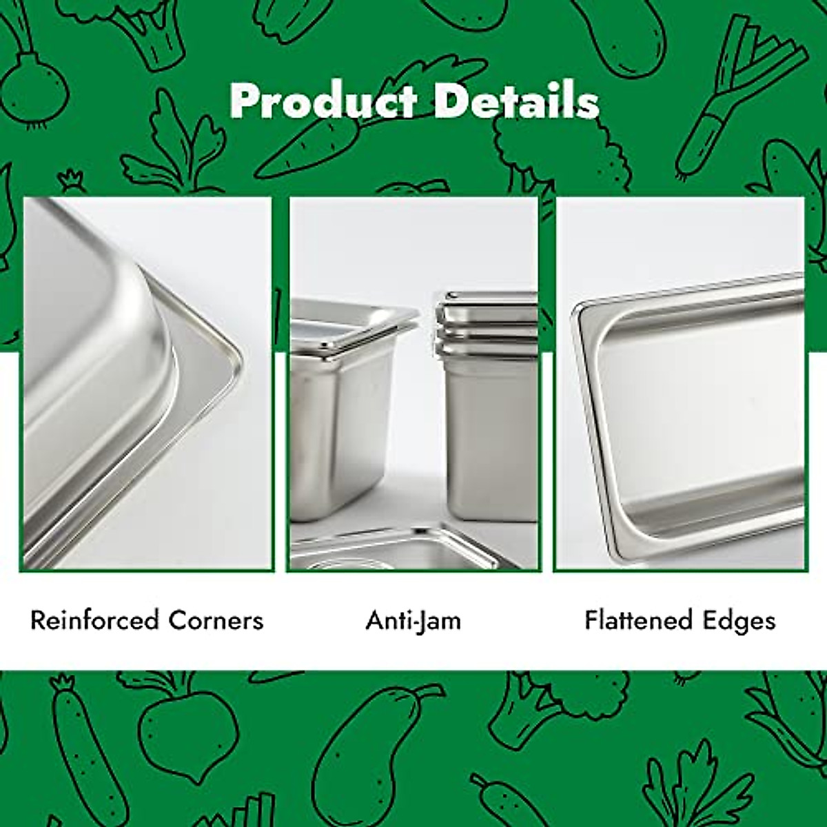 HECMAC 6 Pack Anti-Jam Hotel Pans, 1/2 Size 2 1/2 Inch Deep, NSF Commercial Stainless Steel Chafing Steam Table Pan, Catering Storage Metal Food Pan