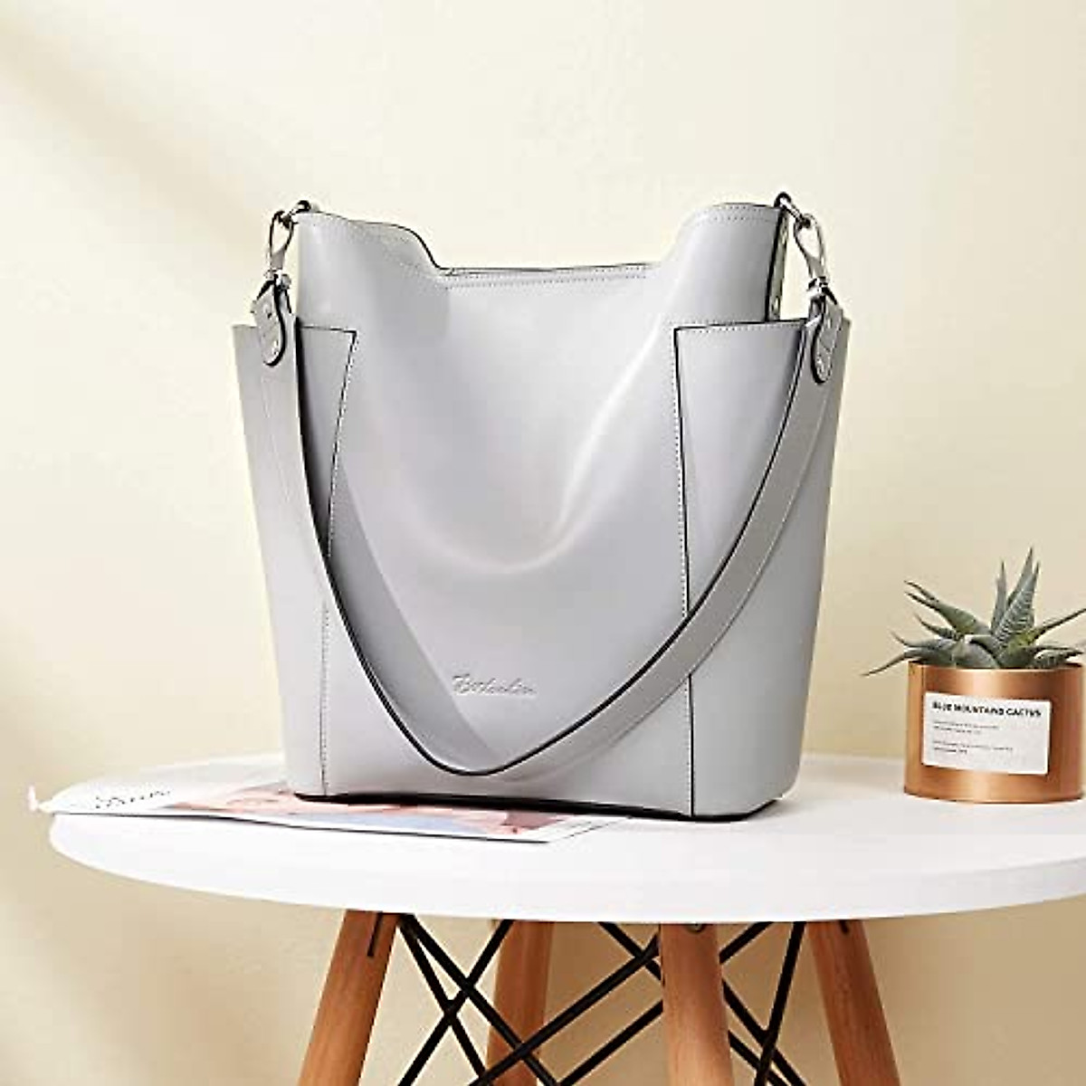 BOSTANTEN Leather Bucket Handbag Designer Hobo Shoulder Handbags Set with Clutch Purses Bundle with Leather Wallets for Women RFID Blocking Zip Around Credit Card Holder