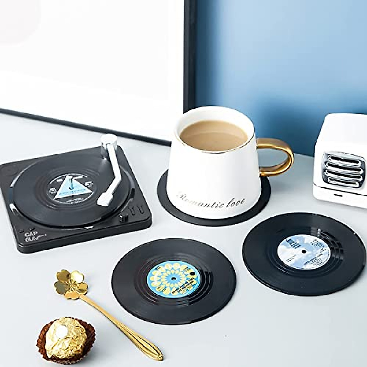 XingZhuo Retro Vinyl Record Coasters Set of 6 Piece with 1 Piece Vinyl Record Player Holder Coasters for Coffee Table, Vinyl Record Decor, Drink Coasters, Funny Coasters, Music Coasters