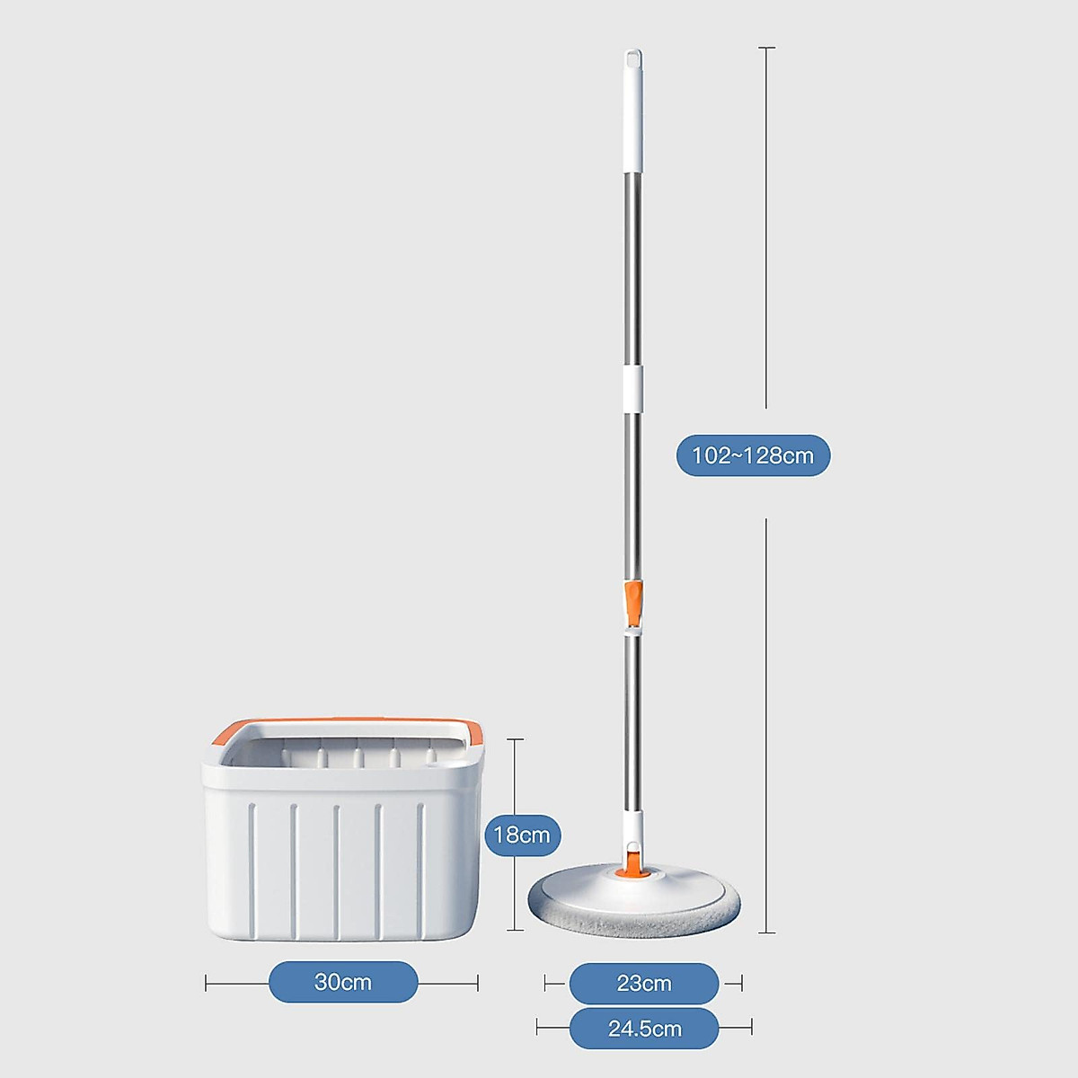 ＫＬＫＣＭＳ Rotatable Round Flat Floor Mop Bucket Set Rotating Mop Durable Telescopic Mop Handle Extends from 102cm to 128cm for Hardwood Professional, with 4 Pads