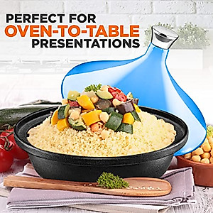 NutriChef 2.75 QT Cast Iron Moroccan Tagine - Tagine Pot with Stainless Steel Knob, Enameled Base, Cone-Shaped Enameled Lid, Oven and Dishwasher Safe, Ideal for Oven-to-Table Presentations ​(Blue)