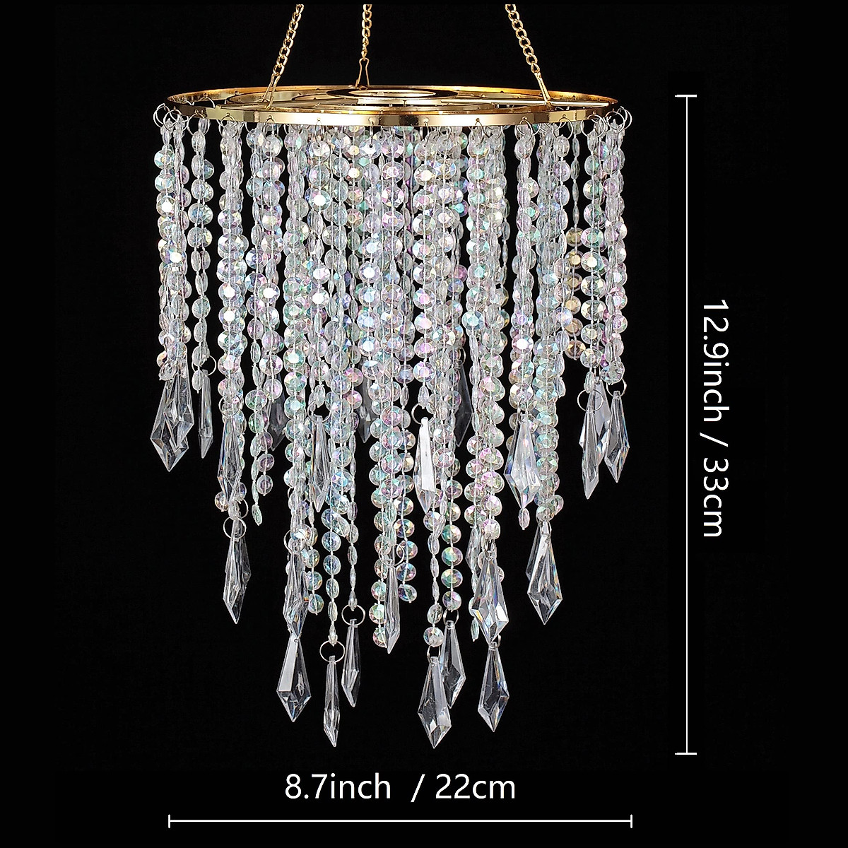 Cioceen Acrylic Chandelier Ceiling Light Shade Beaded Hanging Pendant Lampshade with Gold Frame for Bedroom for Wedding Party H12.9 X W8.7 3 Tiers