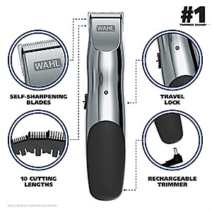 Wahl Clipper Rechargeable Beard Trimmer With Travel Lock, Self-sharpening Blades, and 10 Different Trimming Lengths – Model 9916-817V