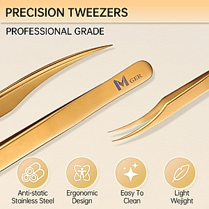 Lash Tweezers for Eyelash Extension, Hand Calibrated Dolphin-shaped Tip eyelash tweezers, False Lash Application Tools, Lash extension tweezers gold