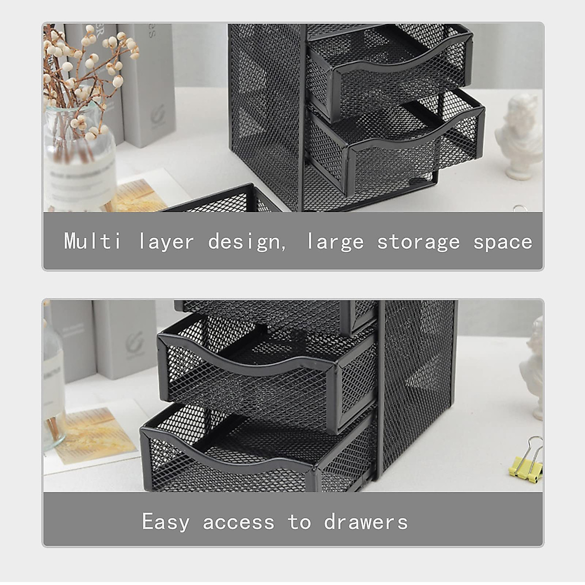 Lovskoo Mesh Desk Organizer with 3 Drawers - Office Desk Accessories & Workspace Organizer - Black
