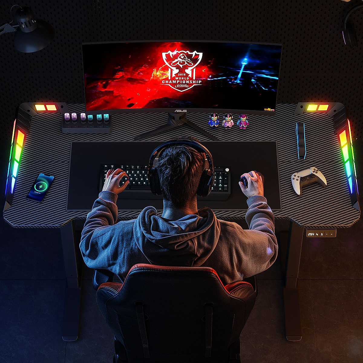 Gaming Desk with LED Lights & APP Control, 48" x 24" Gaming Table with Music Sensing, Underdesk Cable Storage Electric Standing Desk, Black Carbon Fiber PC Desk for Gaming and Home Office