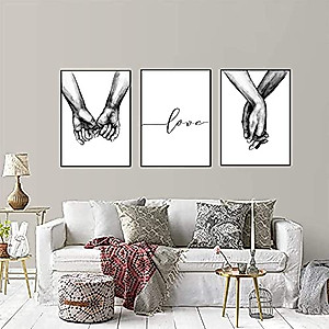 16"x20" Love and Hand in Hand Wall Art Canvas Print Poster,Simple Fashion Black and White Couples Love Hands Sketch Art Line Drawing Decor for Home Living Room Bedroom Office(Set of 3 Unframed)