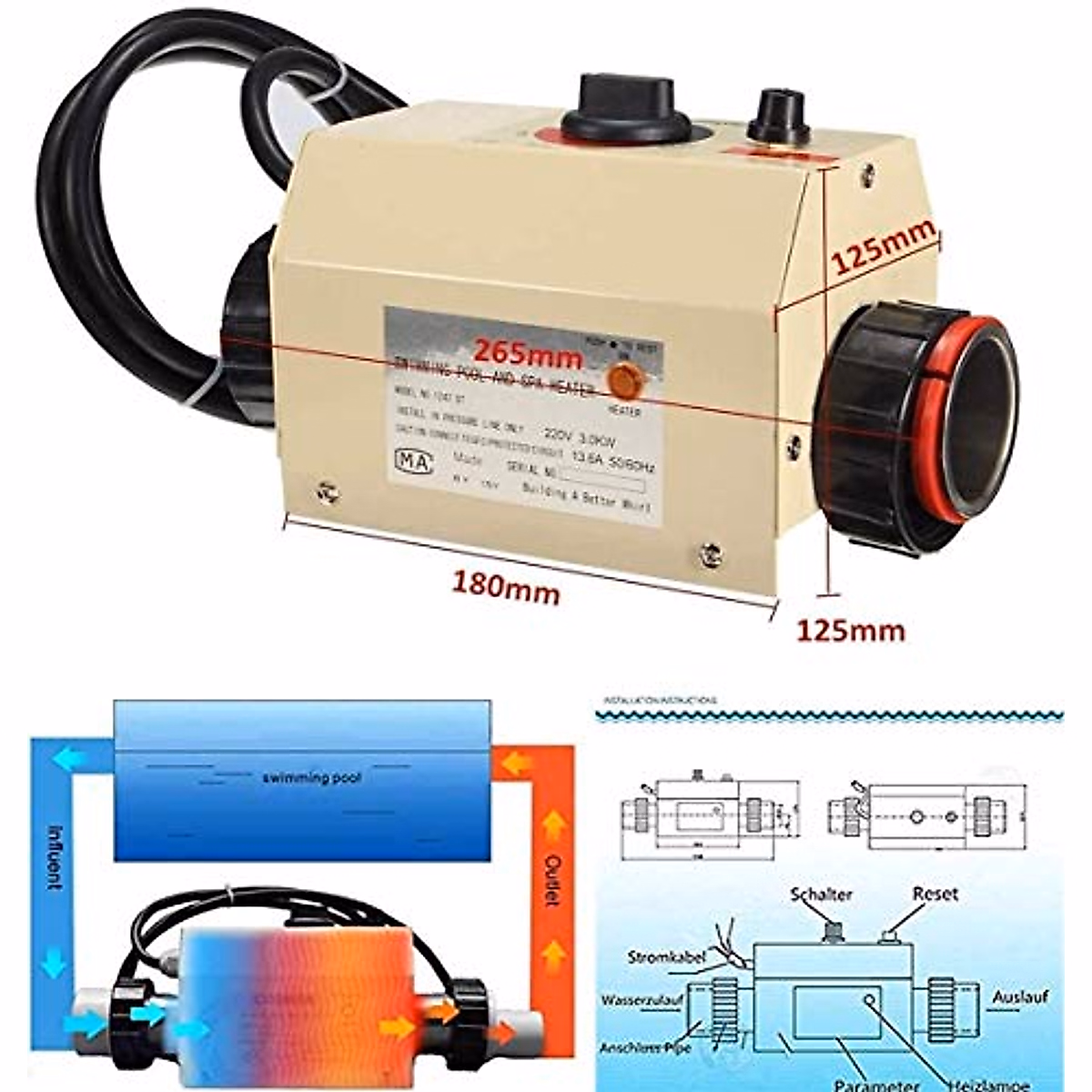 WMM 3KW 220V 240V Electric Water Heater Thermostat SPA Bath Heater Pump,Premium Quality Water Heater Thermostat Swimming Pool Thermostat Portable Pool Heater