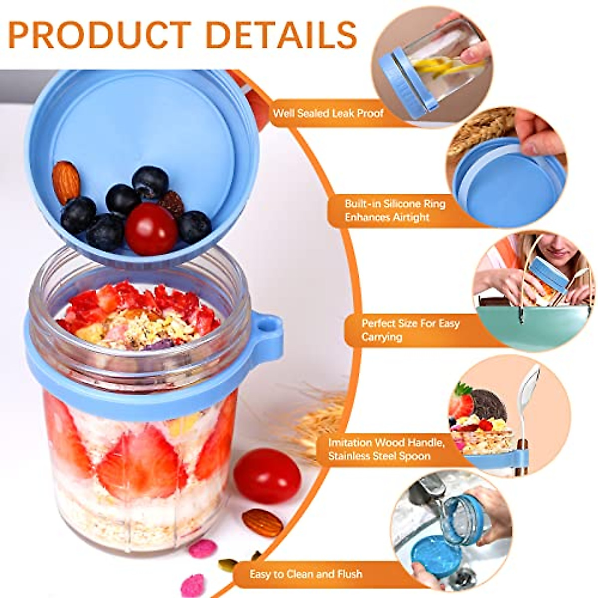 Overnight Oats Containers with Lids and Spoon, Wide Mouth Mason Jars 16 Oz Overnight Oats Jars with Measure Mark, 2 Pack Oatmeal Container Glass Mason Jars for Overnight Oats Salad Yogurt (White/Blue)