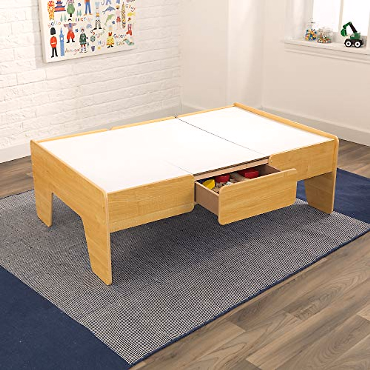 KidKraft Double-Sided Wooden Train and Activity Table with Built-In Storage Drawer, Natural ,Gift for Ages 3+