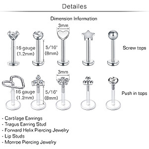 MODRSA 16G Forward Helix Earring Cartilage Earring Tragus Earrings Stud 8mm Stainless Steel Flexible Plastic Lip Rings Labret Studs Labret Piercing Jewelry