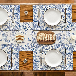 Artoid Mode Hydrangea Flowers Branches Chinoiserie Spring Placemats Set of 4, 12x18 Inch Table Mats for Party Kitchen Dining Decoration