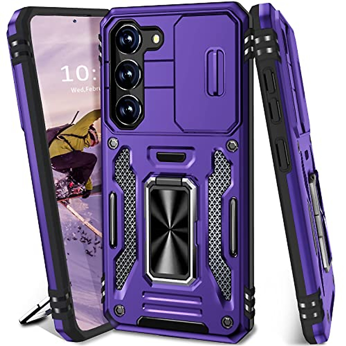 BaHaHoues for Samsung Galaxy S23 Case with Slide Camera Cover for Samsung S23 Case with 360° Rotatable Magnetic Kickstand Ring, Military Grade Shockproof Protective Case for Galaxy S23 5G (Purple)