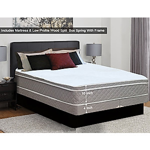 Mattress Comfort Medium Plush Eurotop Pillowtop Innerspring Mattress and 4" Low Profile Wood Boxspring/Foundation Set, with Frame, Full Size