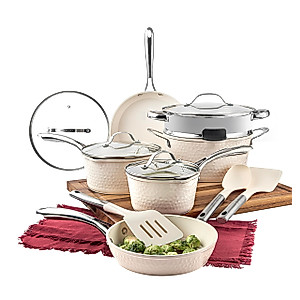 GOTHAM STEEL Hammered 15 Pc Ceramic Pots and Pans Set Non Stick, Kitchen Cookware Sets, Pot and Pan Set, Ceramic Cookware Set Non Toxic, Non Stick Pots and Pan Set Dishwasher Safe, Cream White