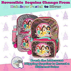 Disney Princess 4 Piece Backpack Set, Flip Sequin 16" School Bag for Girls with Front Zip Pocket, Pink