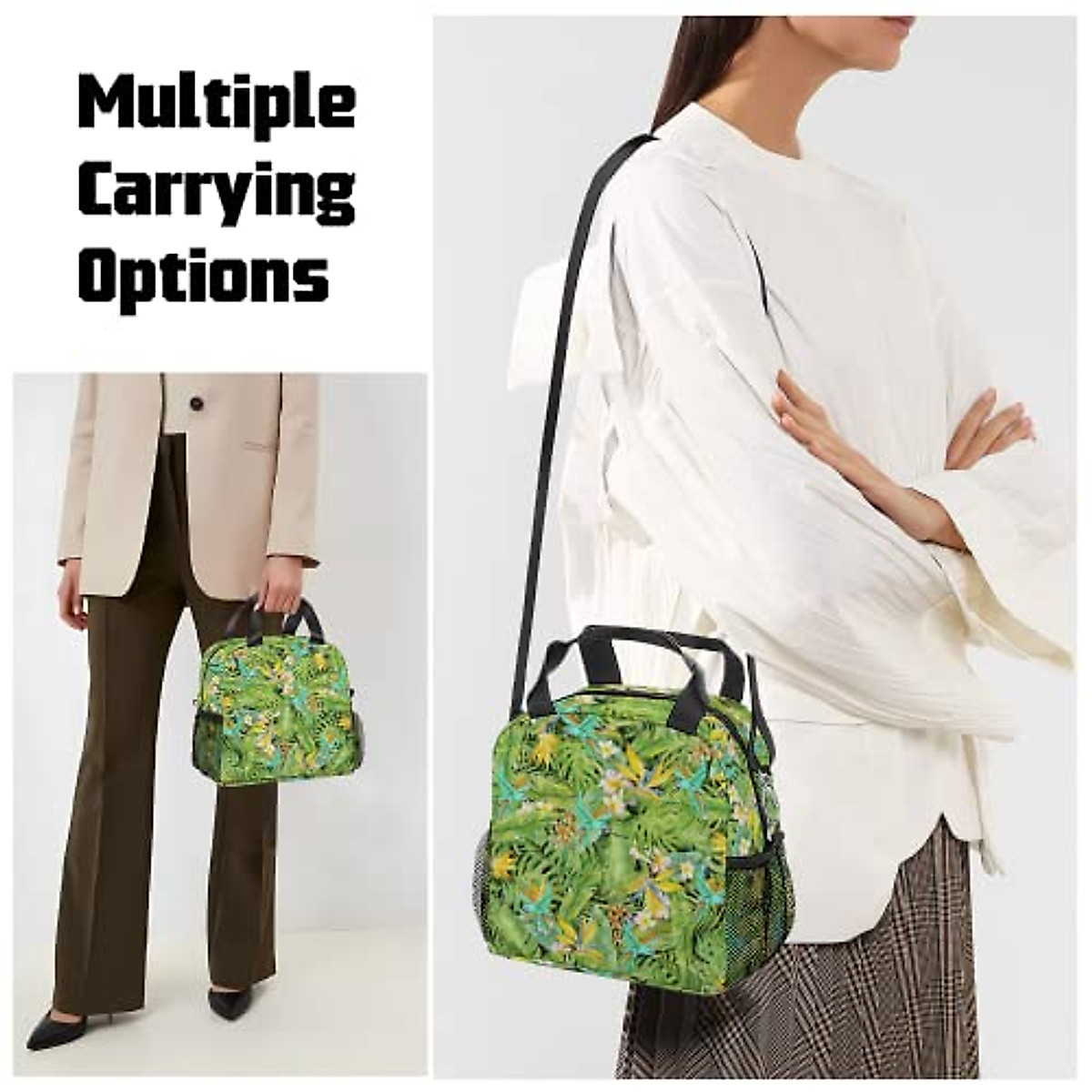 Yrindyiz Tropical Parrot Lunch Box, Reusable Palm Leaf Lunch Bag Thermal Lunch Box with Adjustable Shoulder Strap Tote Bag for Boys Girls Women Men