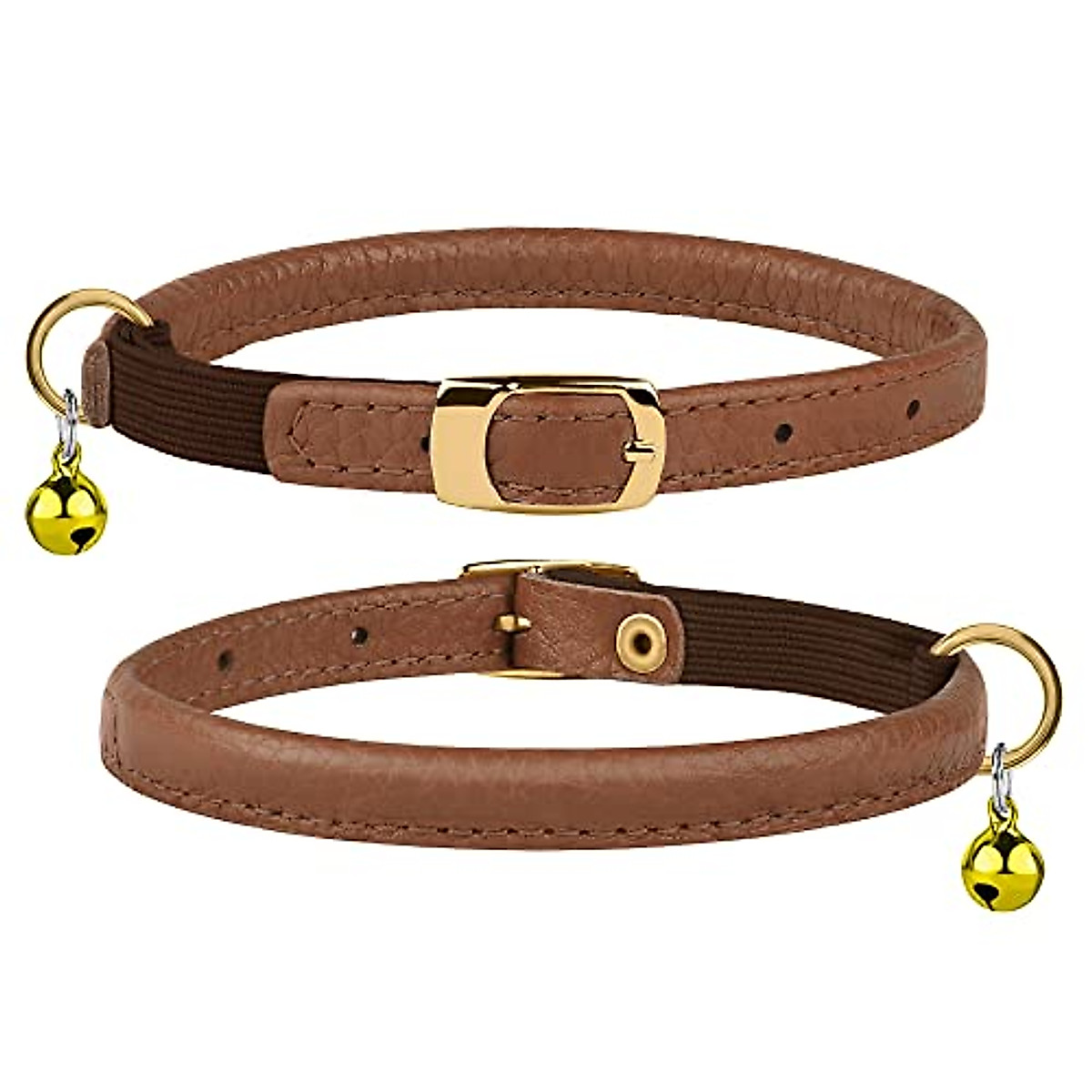 Murom Rolled Leather Cat Collar with Elastic Strap Safety Adjustable Pet Collars for Cats Kitten Yellow Red Pink Blue Orange Brown Gray (Brown)