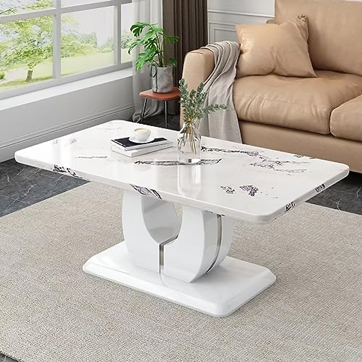 Ayvbir 48'' Simple Luxury Imitation Marble Dining Table Rectangular Counter Coffee Table for Dining Room Living Room Office Terrace (White)