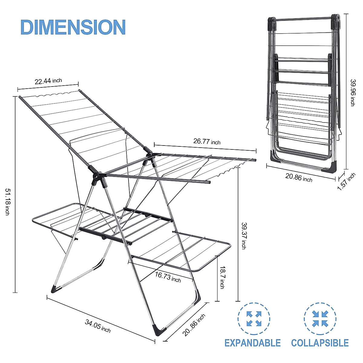 APEXCHASER Clothes Drying Rack, Foldable 2-Level Laundry Racks for Drying Clothes Rack, with Height-Adjustable Wings, Indoor/Outdoor Portable Dryer for Clothing and Towels