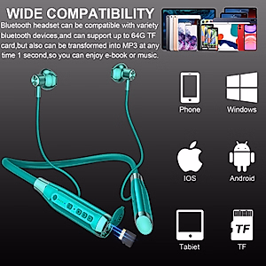 Bluetooth Headphones Neckband with 100 Hours Playtime Support 64G TF Card Wireless Neck Headphones Built-in Noise Cancelling Mic Earbud Neckband IPX5 Waterproof Two Ways in-Ear Earphones (Green)