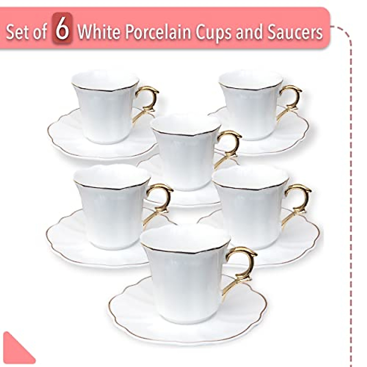 BTaT- Small Espresso Cups and Saucers, Set of 6 Demitasse Cups (2.4 oz) with Gold Trim and Gift Box, Small Coffee Cup, White Espresso Cup, Turkish Coffee Cup, Porcelain Espresso Cup