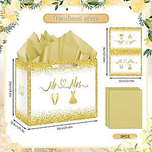 Wedding Gift Bag Bridal Shower Gift Bags Bride Gift Bag large Mrs and Mr Gift Bag White Gold Wrapping Paper Bag with Tissue Paper Card Bridal Anniversary Wedding Engagement Shower Gift Bag for Couple