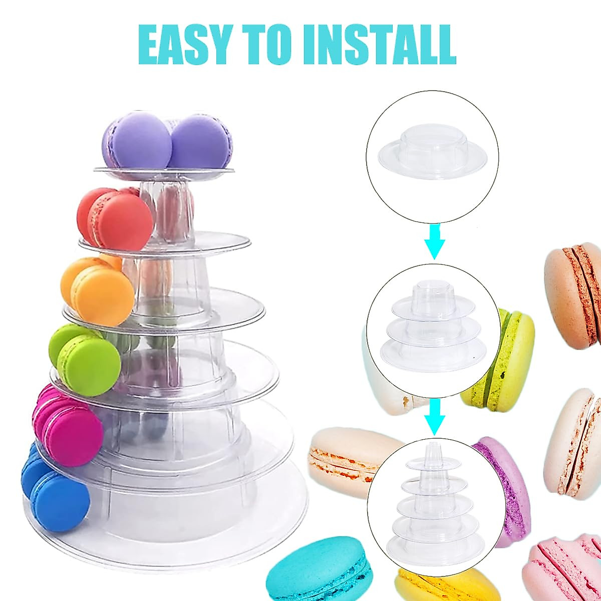 6 Tiers Round Macaron Tower Cake Stand Macaron Display Rack , Plastic Tiered Cake Dessert Serving Tower Tray for Wedding,Baby Shower and Birthday Party Decor
