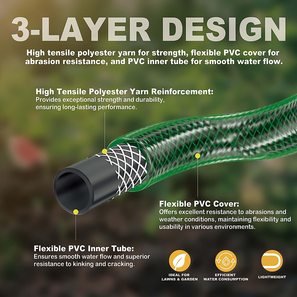 Garden Hose Leakproof for Gardener: 1/2” PVC Water Hoses with GHT Fittings - 10 FT No Kink and Flexible for Outdoor