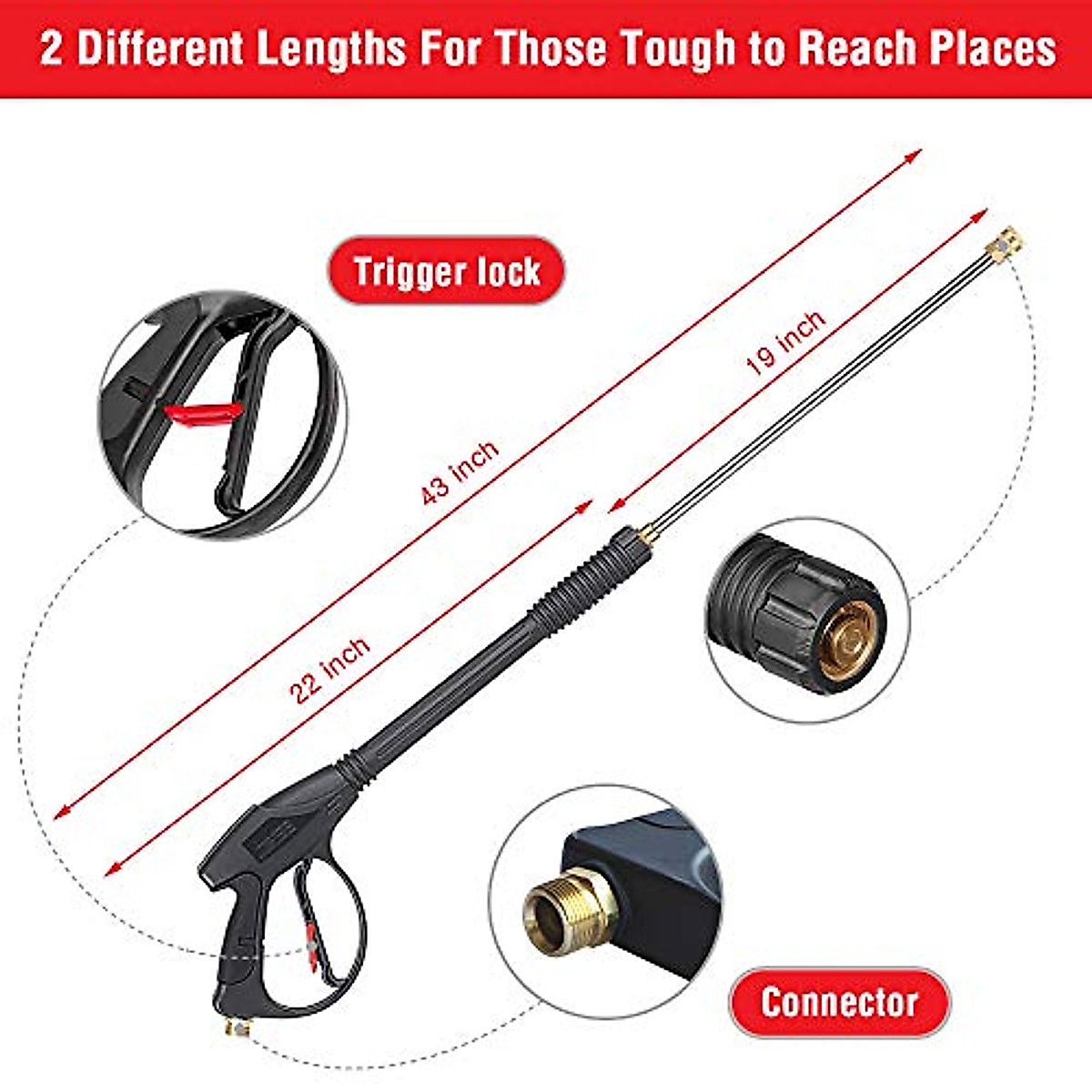 Selkie Pressure Washer Gun with Extension Wand and 26" Hose, Pressure Washer Gun with 26inch Pressure Washer Hose,16inch Extension Wand, 5 Nozzle Tips, and M22 15mm & M22 14mm Fitting, 4000 PSI