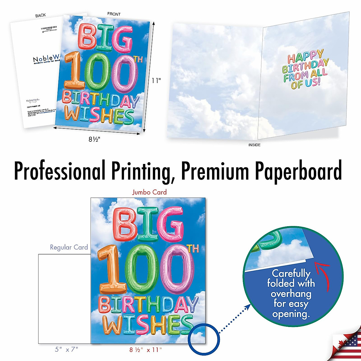 The Best Card Company - 100th Birthday Card with Envelope (8.5 x 11 Inch) - 100 Years Old, Big Stationery Birthday Greeting- Inflated Messages Milestones 100 (Not Actual Balloons) J5651HMBG-US