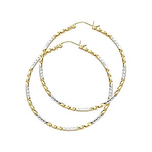14K Yellow White Curled Hoop Earrings - 44/35/25/20mm (Diameter - 35 MM)