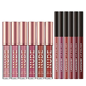 LANGMANNI 6 Matte Lipstick with 6 Lipliners Durable Makeup Set,Long-Lasting Non-Stick Cup Not Fade Waterproof Pigmented Velvet Lipgloss Kit Beauty Cosmetics Makeup Gift for Girls(12PCS)