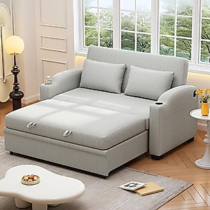 P PURLOVE Upholstered Modern Sofa Bed with Armrest, Convertible Sofa Couch with Adjustable Backrest, Sleeper Bed with 2 Pillows, USB Port, Chenille Pull Out Sofa Bed for Living Room (White Gray)