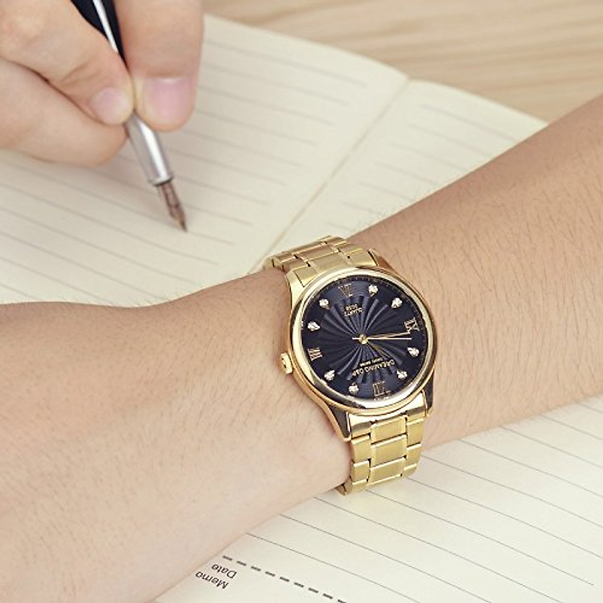 DREAMING Q&P IP Gold Plating Steel Roman Numeral Dial with Rhinestones Luxury Mens Wrist Watches for Man Black 003