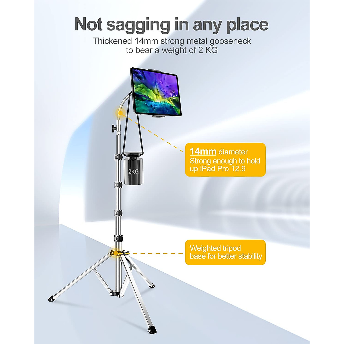 elitehood Aluminum iPad Tripod Stand, 72in Height Adjustable iPad Floor Stand, Heavy Duty Silver iPad Tripod Holder Mount, Compatible with iPad Pro 12.9, 11, iPad Air Mini 4.7-13in Tablets & Phones