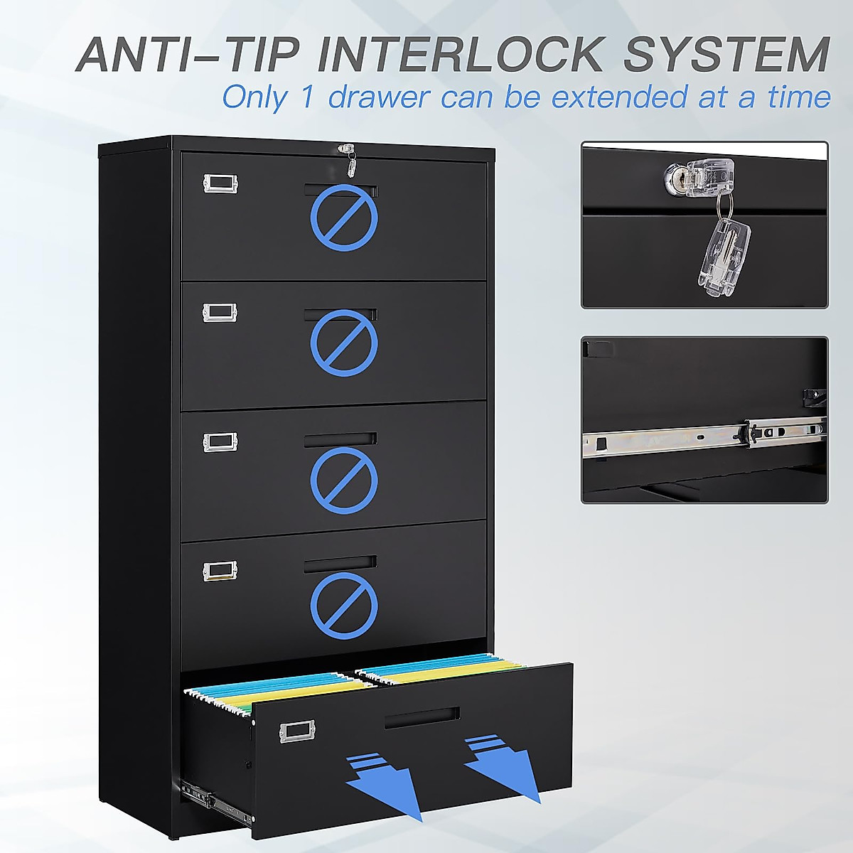 Yizosh 5 Drawer Black File Cabinet with Lock, Filing Cabinet for Home Office, Metal Locking Office File Storage Cabinet with Drawers, Lateral Filing Cabinet Organizer for Letter/Legal/F4/A4