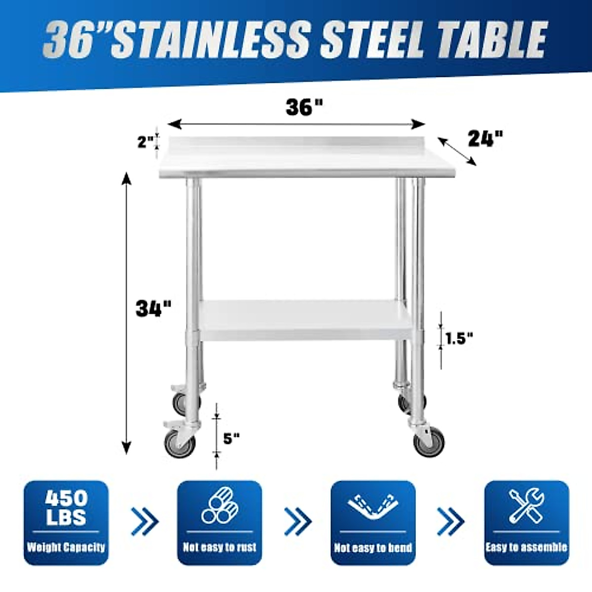 Chingoo Stainless Steel Table with Wheels 24 x 36 Inches Metal Prep Table with Backsplash & Adjustable Undershelf, Stainless Table for Commercial Kitchen, Outdoor, Restaurant, Hotel & Garage