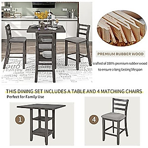 FANYE 5-Piece Counter Height Kitchen & Dining Room Dinette Furniture Sets Include Wooden Square Table with Bottom Storage Shelves and 4 Upholstered Back Chairs for 4 Persons Family Meal,Gray, Grey
