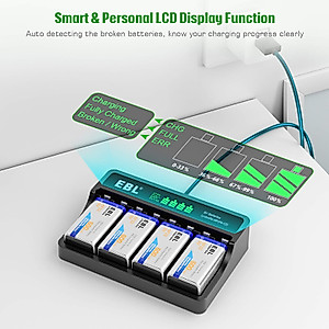 EBL 9V Li-ion Rechargeable Batteries 600mAh 4-Pack with LCD 9V Smart Battery Charger for 9 Volt Lithium-ion/Ni-MH/Ni-CD Rechargeable Batteries
