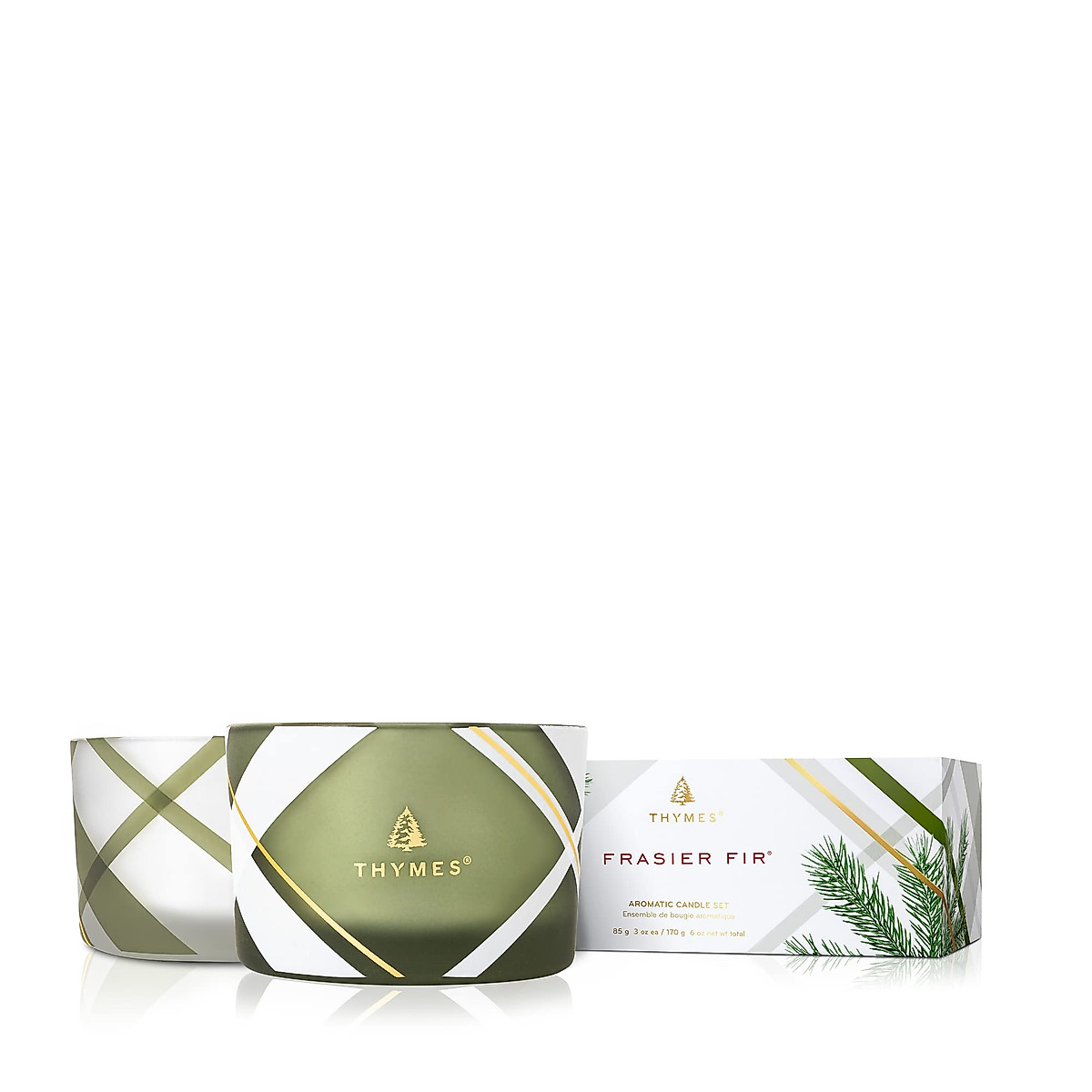 Thymes Frosted Plaid Frasier Fir Candle Set – Scented Candle Set with Notes of Crisp Siberian Fir, Cedarwood and Sandalwood – Luxury Home Fragrance - 3 Oz (2 Pack)