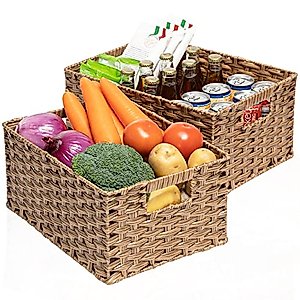 ROSOS Wicker Baskets 2 Pack, Wicker Storage Basket with Handles, Large Wicker Baskets for Storage, Waterproof Wicker Baskets for Organizing, Large Storage Baskets Wicker 15" and Medium 14", Brown