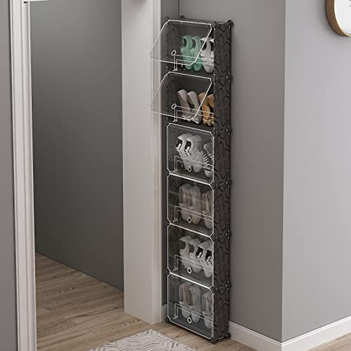 MAGINELS 6 Tier Shoe Rack Organizer with Cover, Slim Shoe Storage Cabinet, Behind The Door, Narrow Shoe Shelf for Closet, entryway, Black