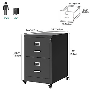 YITAHOME 2-Drawer Vertical File Cabinet, Metal Mobile File Cabinet with Lock, Filing Cabinet Under Desk fits Legal/Letter/A4 Size, Office Storage Cabinet for Office/Home,Black
