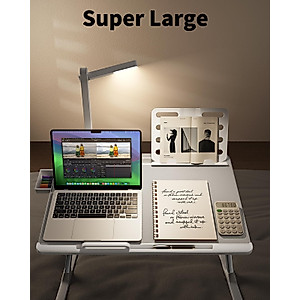 Laptop Bed Tray Desk with LED Desk Light, SAIJI Adjustable Laptop Stand for Bed, XX-Large PVC Leather Foldable Laptop Table with Book Stand, Wrist Rest, Extra Leg Room for Sofa Couch Floor (Gray)