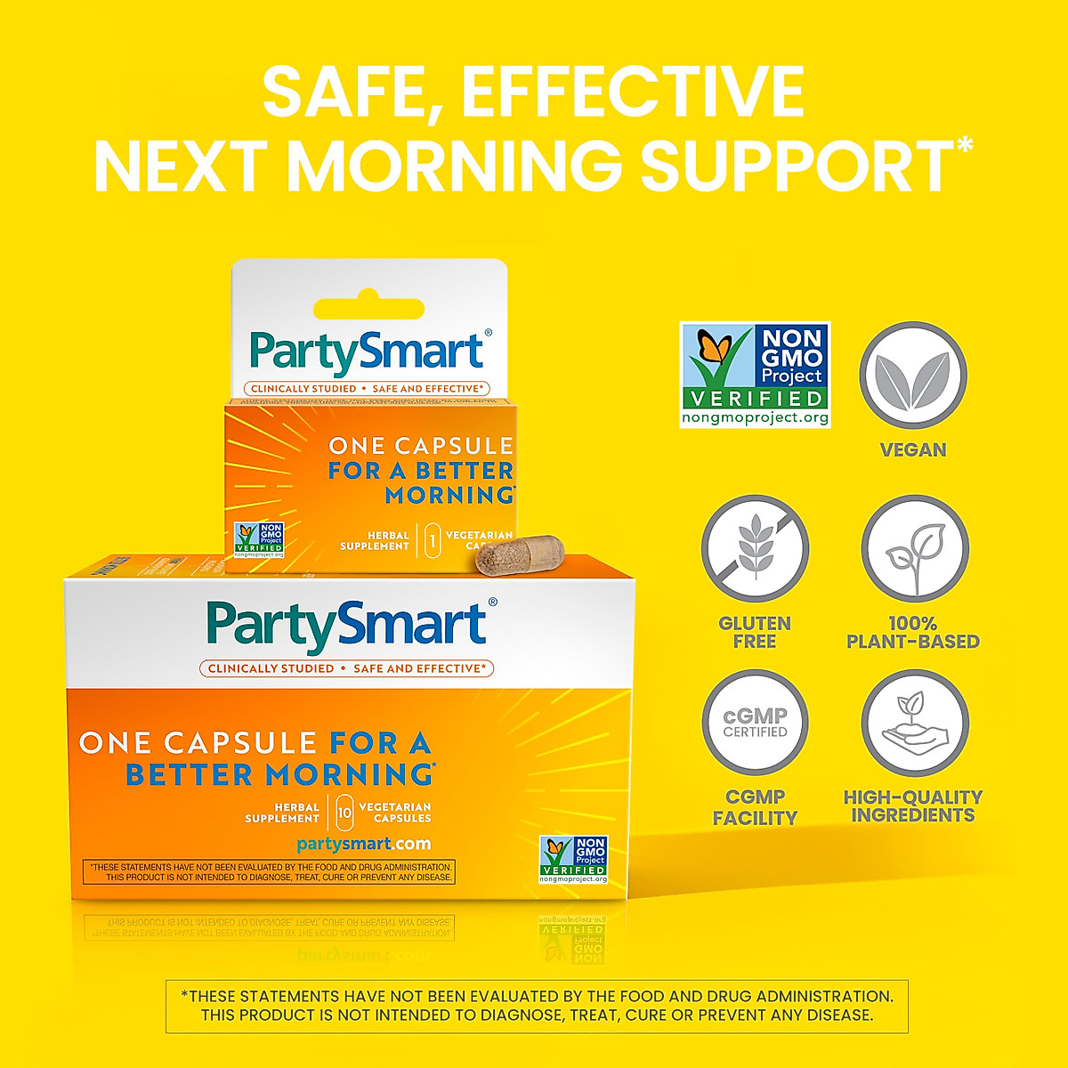 PartySmart, One Capsule for a Better Morning, 10 nights out Supply, Non-GMO, Plant-based, 250 mg, 10 capsules