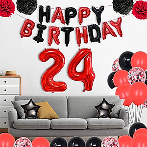 yujiaonly 24th Birthday Party Decorations-Happy Birthday Foil Ballons Banner Red Number 24 Happy Birthday Sash Latex Balloons Perfect for 24 Years Old Party Supplies Balloons Number 24 Red