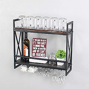 MBQQ Rustic Wall Mounted Wine Racks with 6 Stem Glass Holder,24in Industrial Metal Hanging Wine Rack,2-Tiers Wood Shelf Floating Shelves,Home Room Living Room Kitchen Decor Display Rack,Retro Black