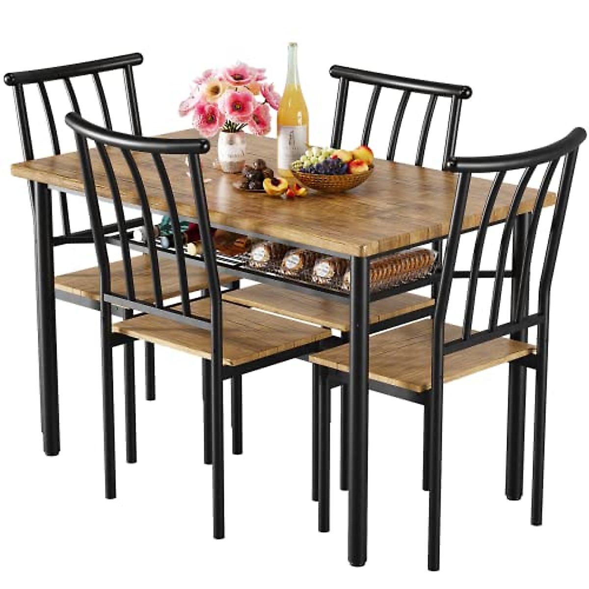 IDEALHOUSE Dining Table Set for 4, Kitchen Table with 4 Chairs, Metal and Wood Rectangular 5-Piece Dining Table Furniture Set with Storage Rack for Small Space, Apartment, Dinette(Rustic Brown)